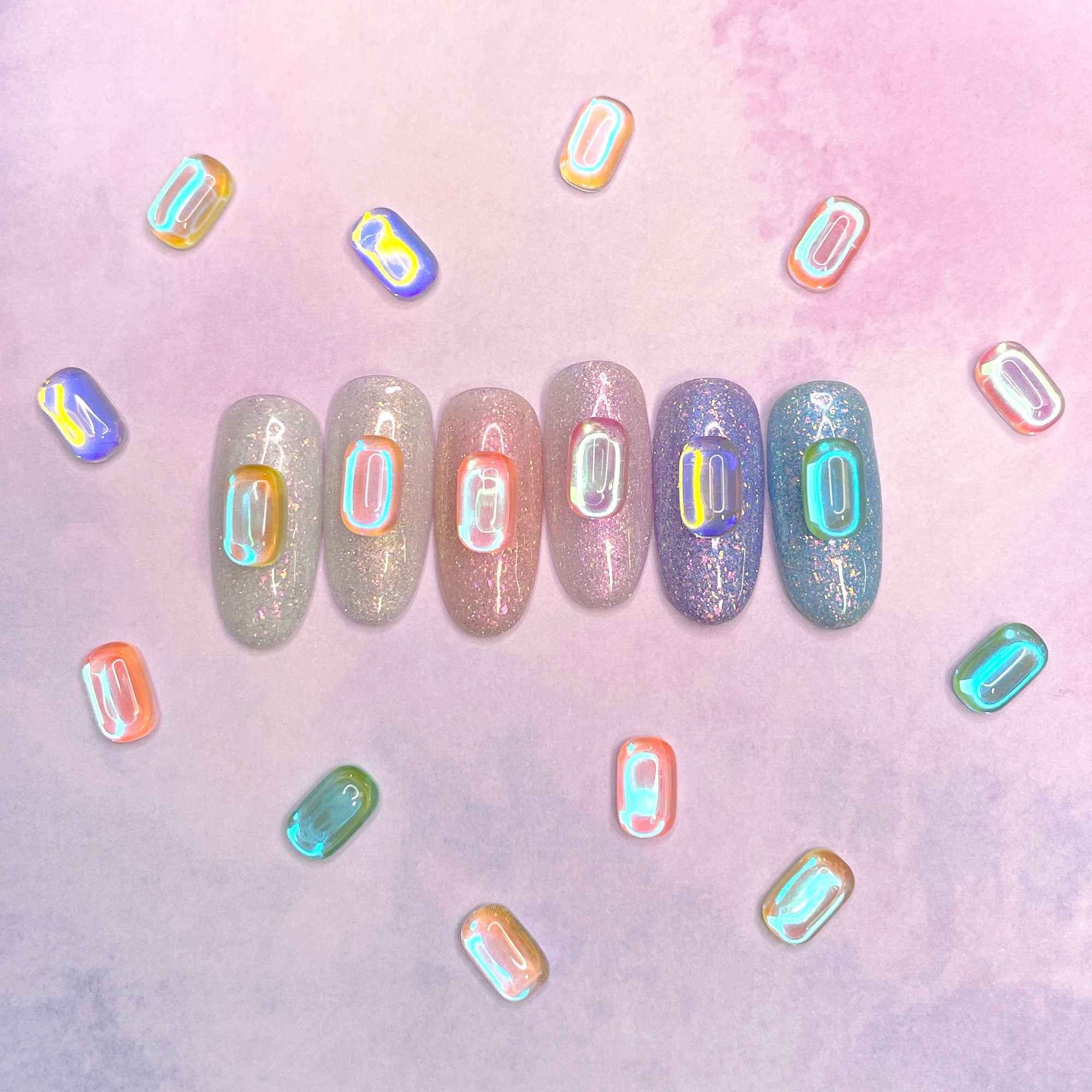 Aurora Squoval Glass Gems Mix / 6 Pastel Iridescent Colors – Daily Charme